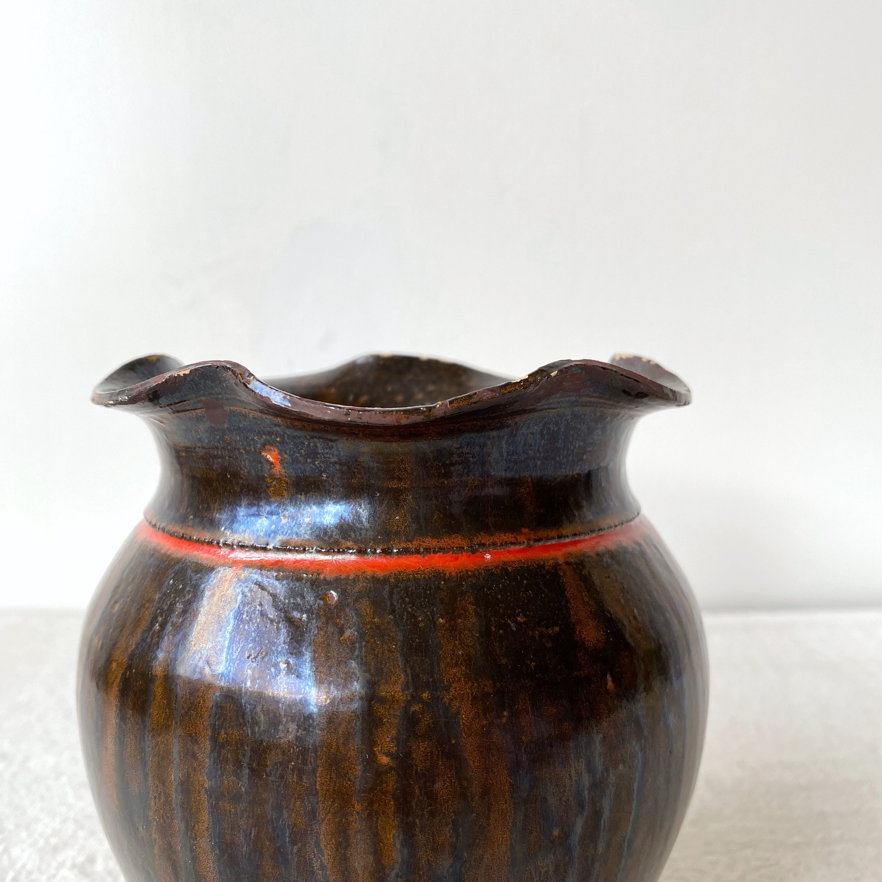 Vintage Black and Red Pottery Vessel with Ruffle Lip — HAUS THEORY