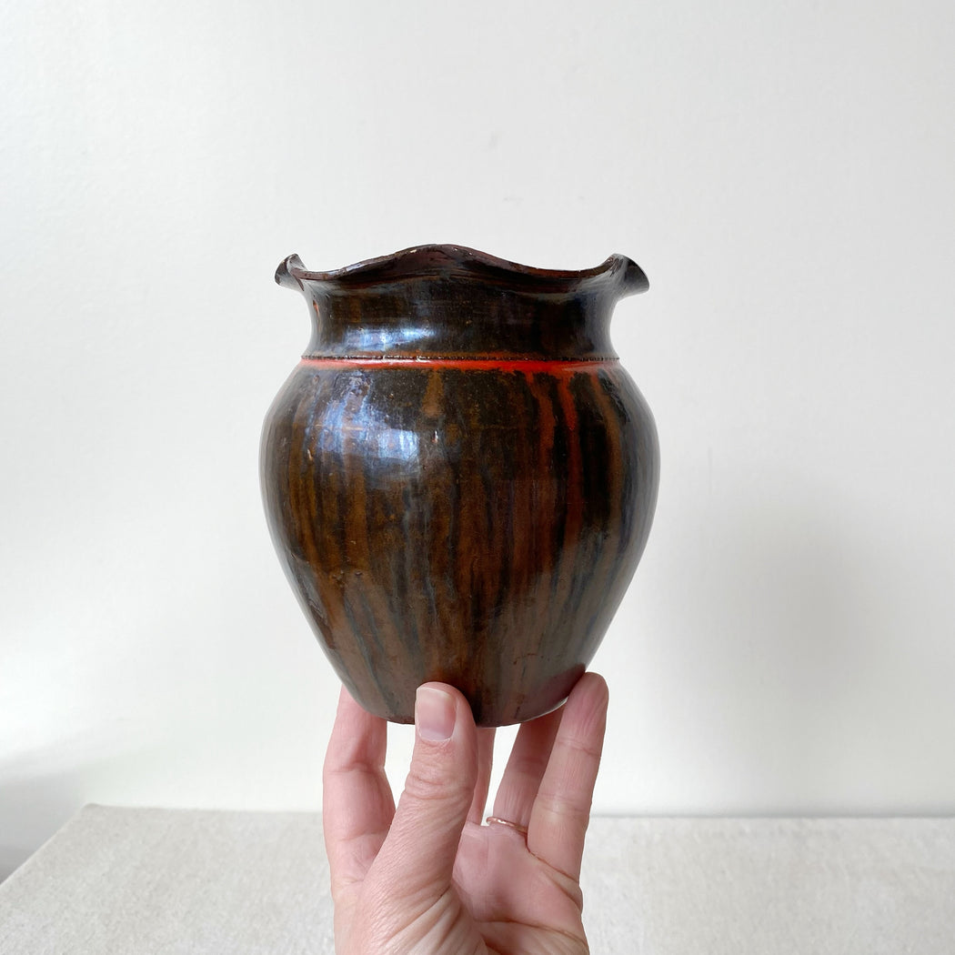 Vintage Black and Red Pottery Vessel with Ruffle Lip — HAUS THEORY