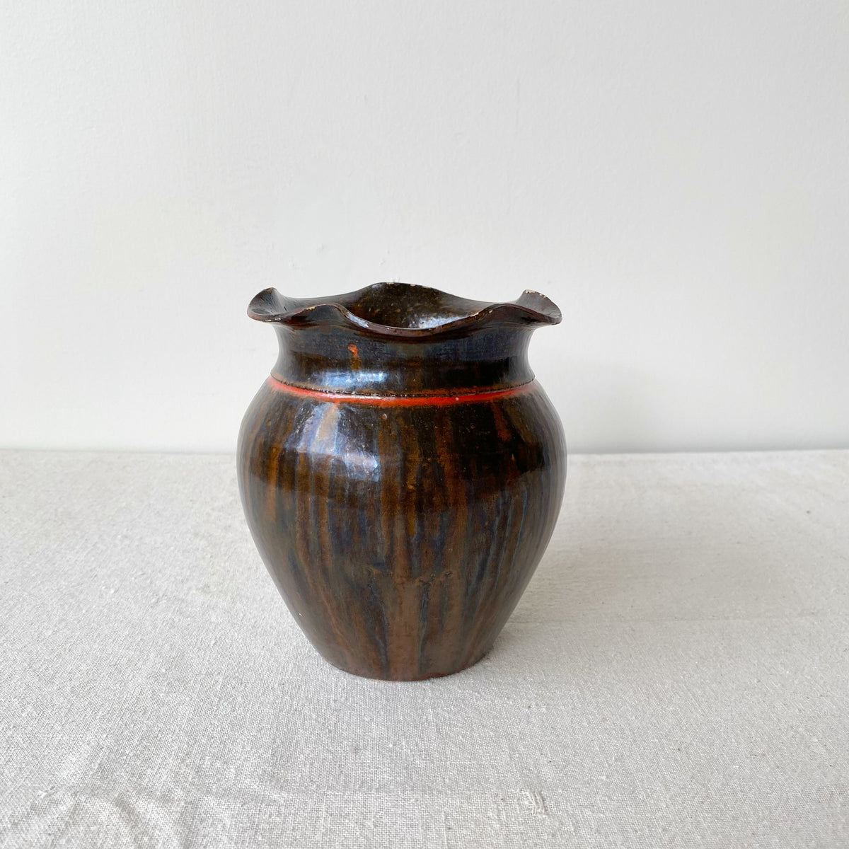 Vintage Black and Red Pottery Vessel with Ruffle Lip — HAUS THEORY